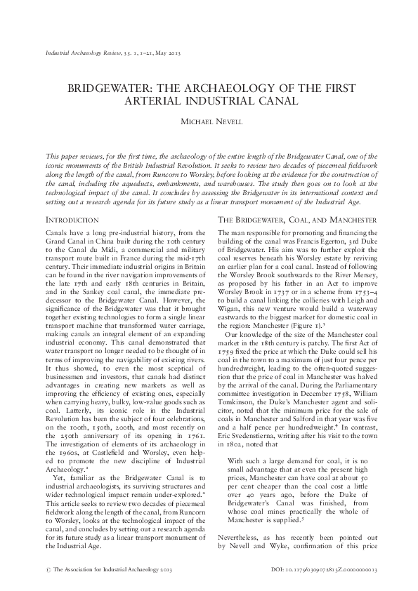 (PDF) Bridgewater: The Archaeology of the First Arterial Industrial Canal