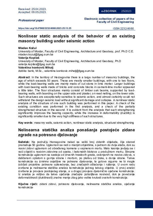 Pdf Nonlinear Static Analysis Of The Behavior Of An Existing Masonry Building Under Seismic Action