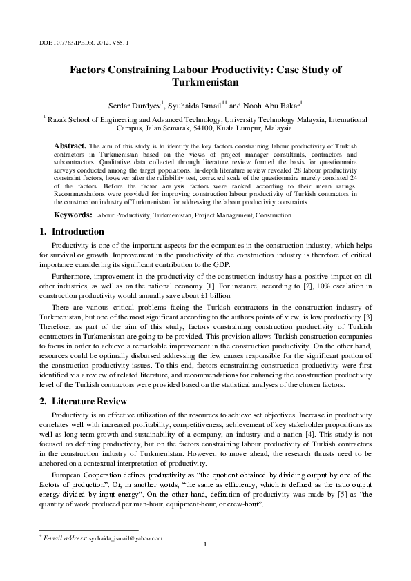 (PDF) Factors Constraining Labour Productivity: Case Study of Turkmenistan