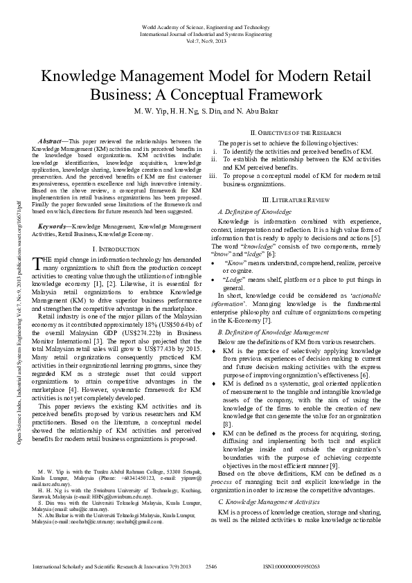 (PDF) Knowledge Management Model for Modern Retail Business: A Conceptual Framework