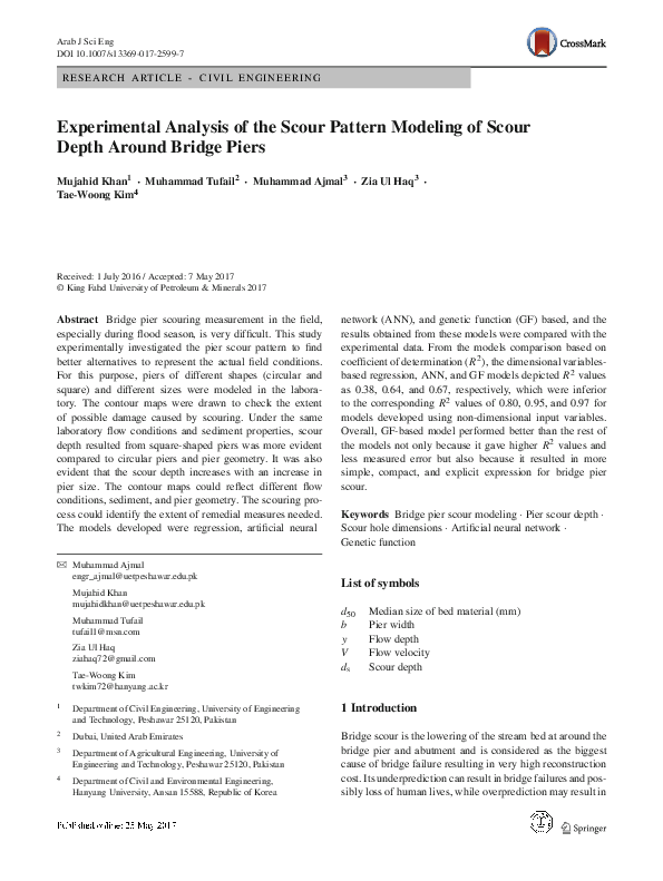 (PDF) Experimental Analysis of the Scour Pattern Modeling of Scour Depth Around Bridge Piers