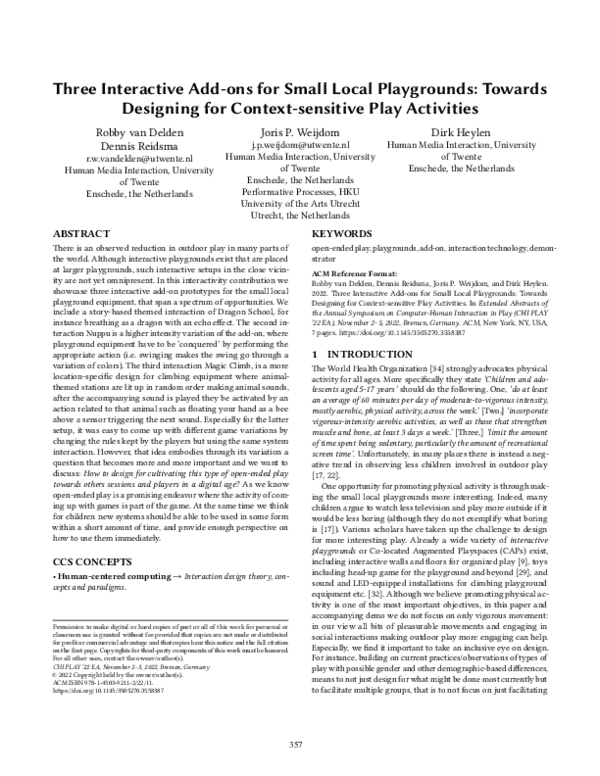 Pdf Three Interactive Add Ons For Small Local Playgrounds Towards Designing For Context