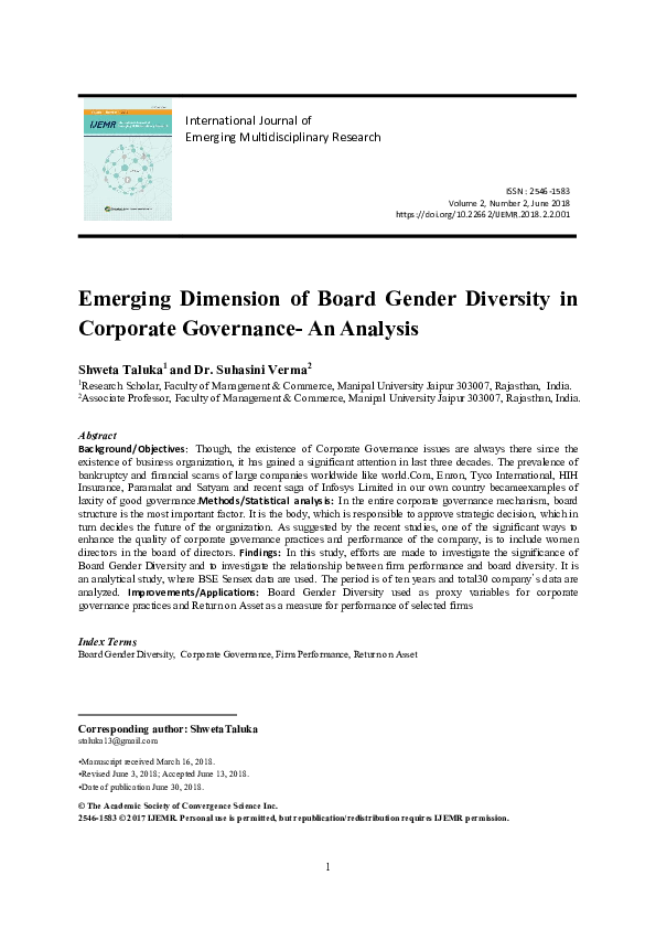 (PDF) Emerging Dimension of Board Gender Diversity in Corporate Governance - An Analysis
