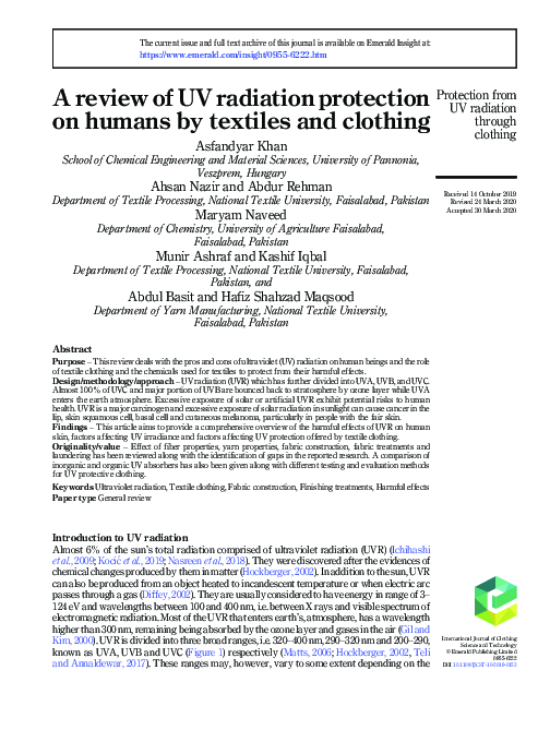 (PDF) A review of UV radiation protection on humans by textiles and ...