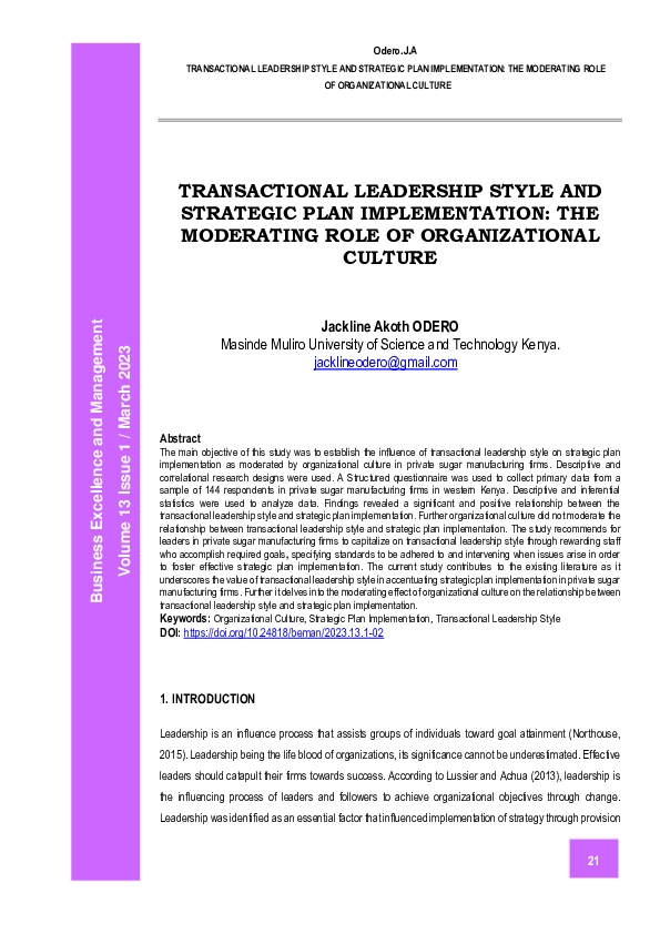 (PDF) Transactional Leadership Style and Strategic Plan Implementation ...
