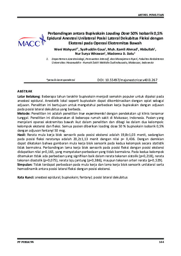 (PDF) Perbandingan antara Bupivakain Loading dose 50% Isobarik 0,5% ...