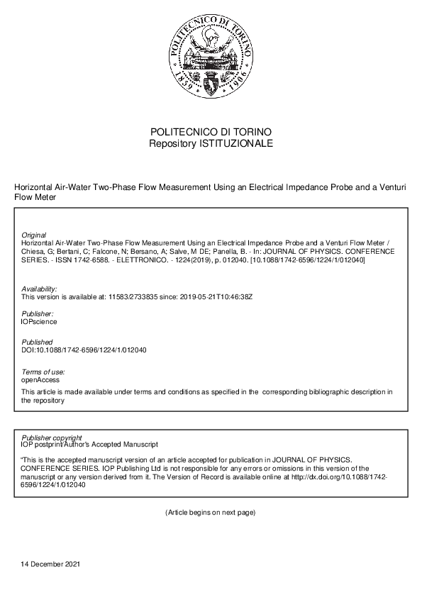 Pdf Horizontal Air Water Two Phase Flow Measurement Using An Electrical Impedance Probe And A