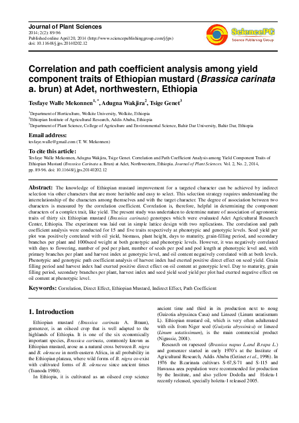 (PDF) Correlation and Path Coefficient Analysis among Yield Component Traits of Ethiopian ...