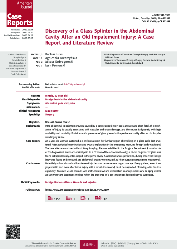 (PDF) Discovery of a Glass Splinter in the Abdominal Cavity After an ...