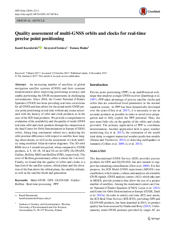Pdf Quality Assessment Of Multi Gnss Orbits And Clocks For Real Time