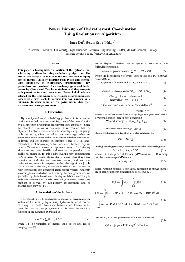 (PDF) Power dispatch of hydrothermal coordination using evolutionary algorithm | Belgin Türkay ...