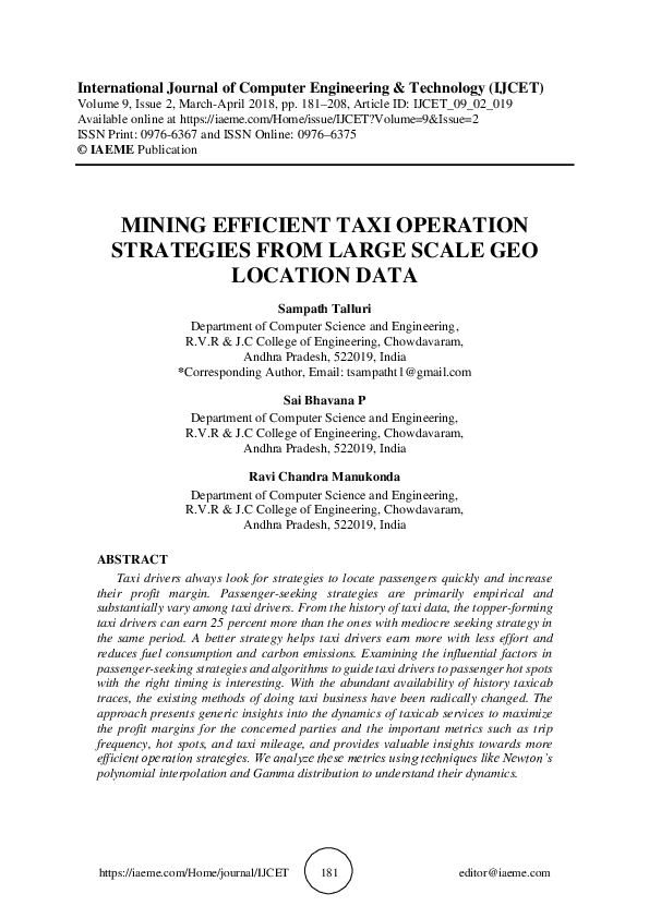 (PDF) MINING EFFICIENT TAXI OPERATION STRATEGIES FROM LARGE SCALE GEO LOCATION DATA