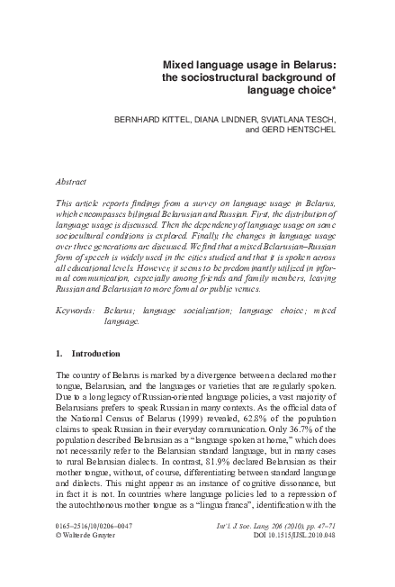 (PDF) Mixed language usage in Belarus: the sociostructural background ...