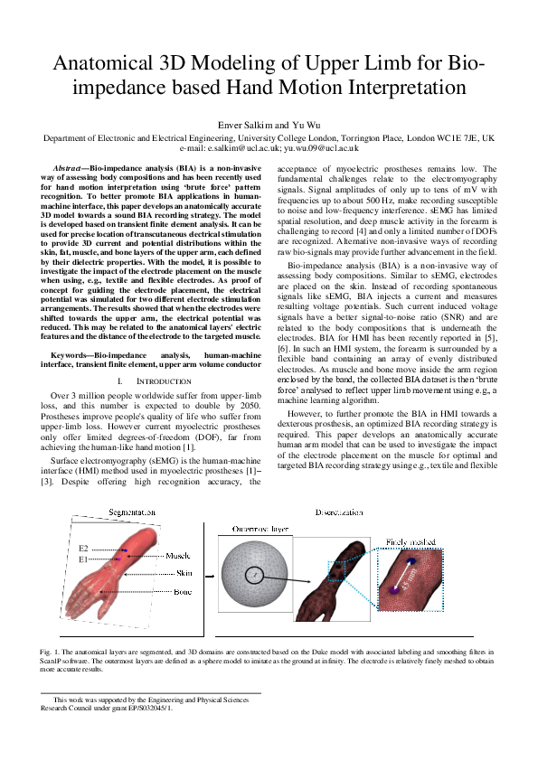 (PDF) Anatomical 3D Modeling of Upper Limb for Bio-impedance based Hand ...