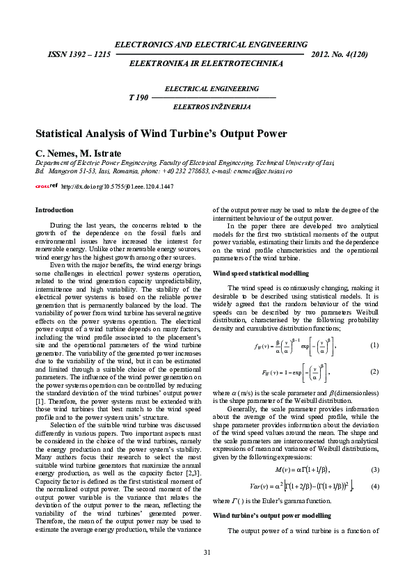 (PDF) Statistical Analysis of Wind Turbine’s Output Power
