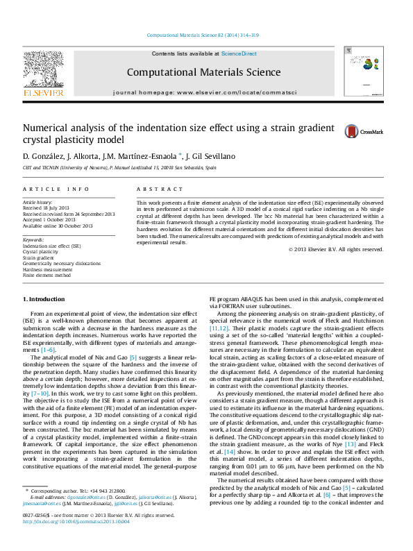 (PDF) Numerical analysis of the indentation size effect using a strain gradient crystal ...