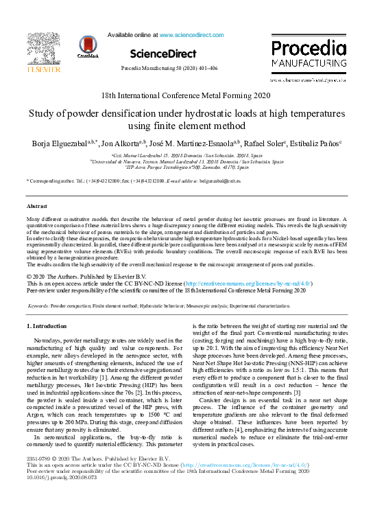 (PDF) Study of powder densification under hydrostatic loads at high ...