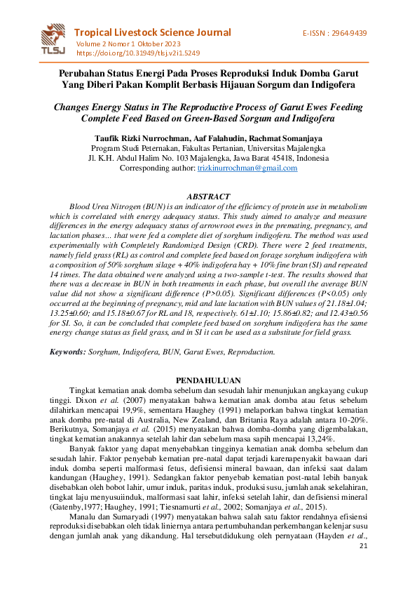 (PDF) Perubahan Status Energi Pada Proses Reproduksi Induk Domba Garut Yang Diberi Pakan Komplit ...