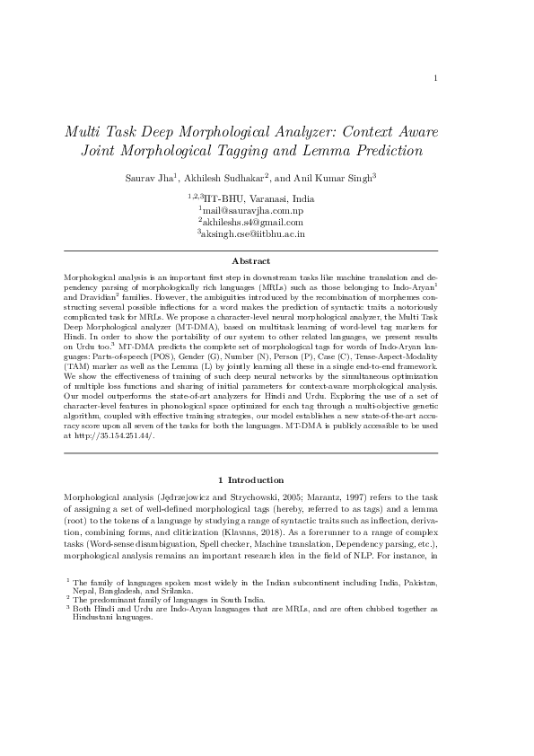 Pdf Multi Task Deep Morphological Analyzer Context Aware Joint Morphological Tagging And