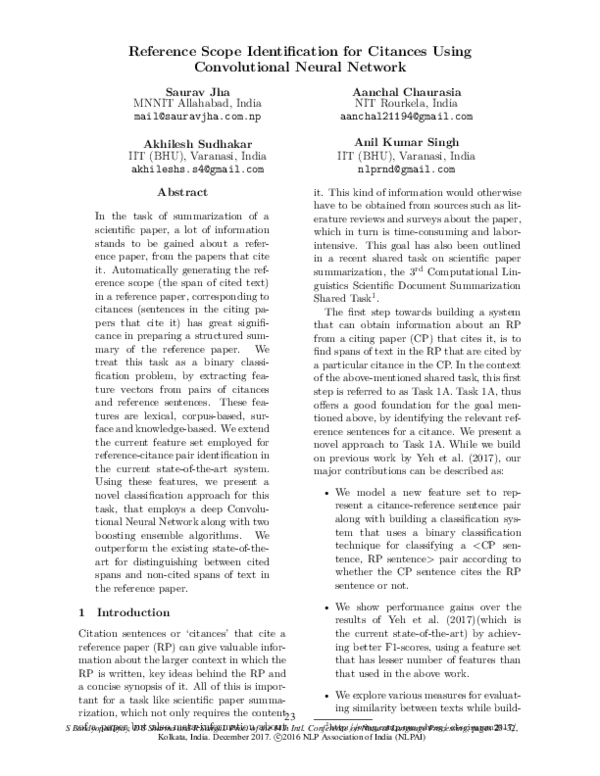Pdf Reference Scope Identification For Citances Using Convolutional Neural Networks 