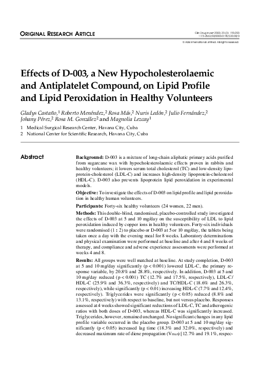 (PDF) Effects of D-003, a New Hypocholesterolaemic and Antiplatelet Compound, on Lipid Profile ...