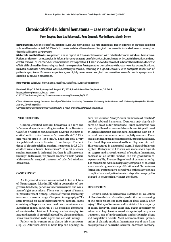 (PDF) Chronic calcified subdural hematoma: Case report and review of the literature