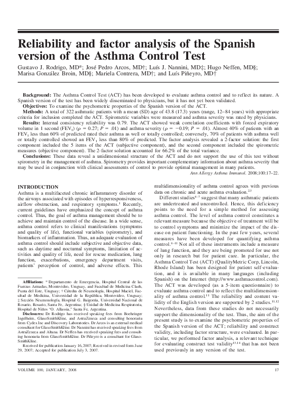 (PDF) Reliability and factor analysis of the Spanish version of the ...