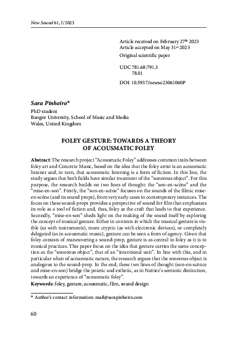 (PDF) Foley gesture: Towards a theory of acousmatic foley