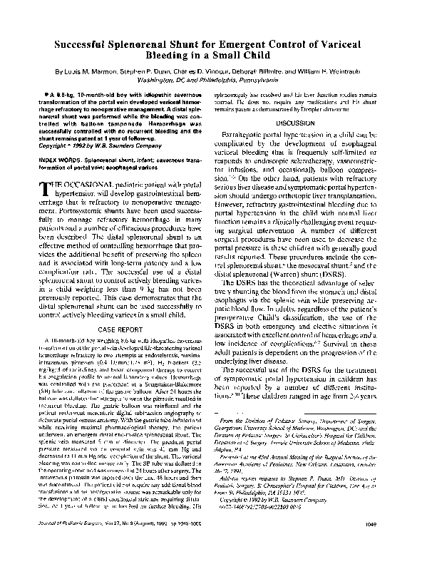 (PDF) Successful splenorenal shunt for emergent control of variceal ...