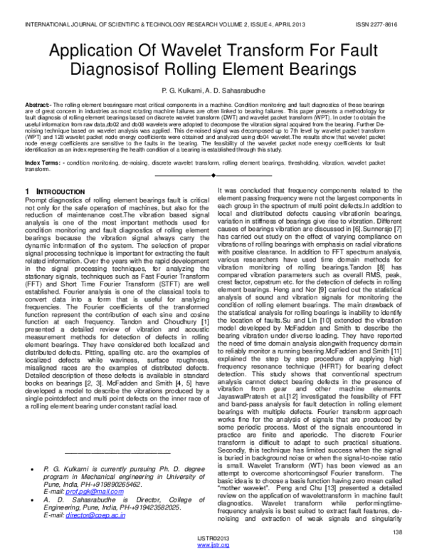 (PDF) Application Of Wavelet Transform For Fault Diagnosisof Rolling Element Bearings