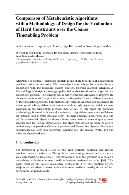 Pdf Comparison Of Metaheuristic Algorithms With A Methodology Of Design For The Evaluation Of