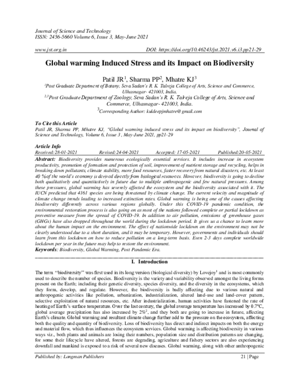 (PDF) Global warming Induced Stress and its Impact on Biodiversity