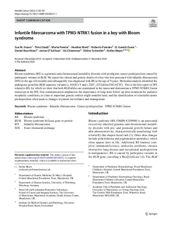 (PDF) Infantile fibrosarcoma with TPM3-NTRK1 fusion in a boy with Bloom syndrome | Detlev ...