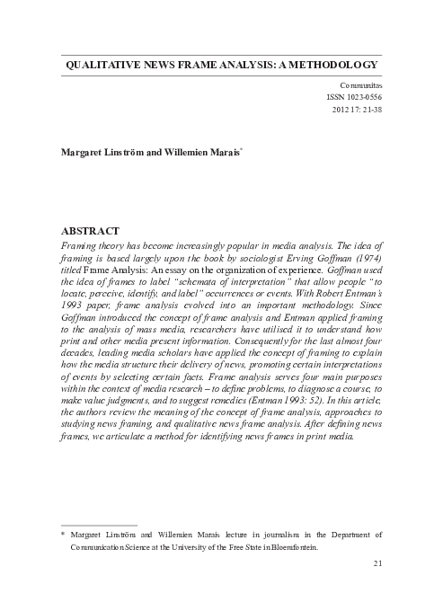 (PDF) Qualitative news frame analysis: a methodology