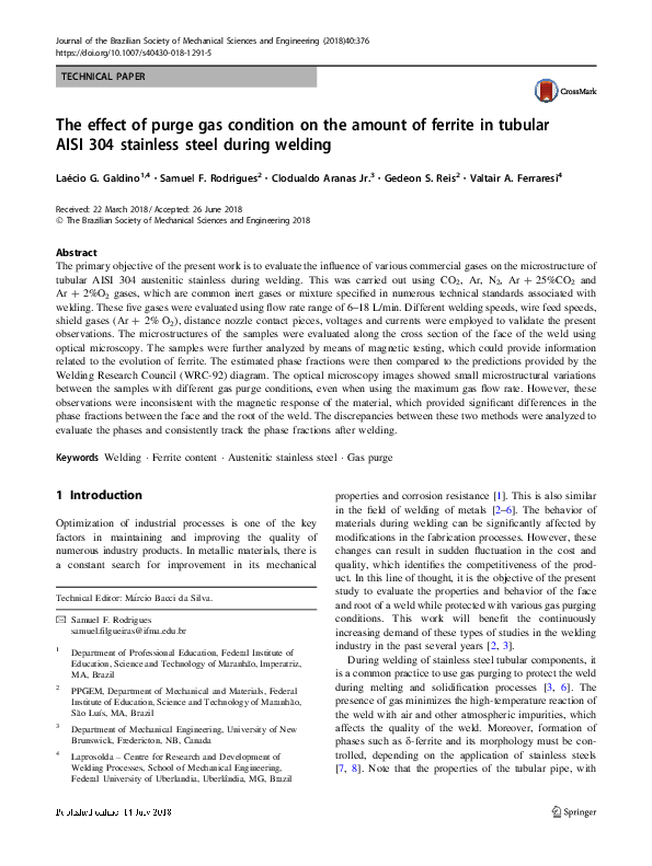 (PDF) The effect of purge gas condition on the amount of ferrite in ...