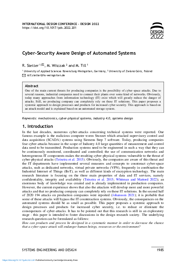 (PDF) Cyber-Security Aware Design of Automated Systems | Ralf Stetter - Academia.edu