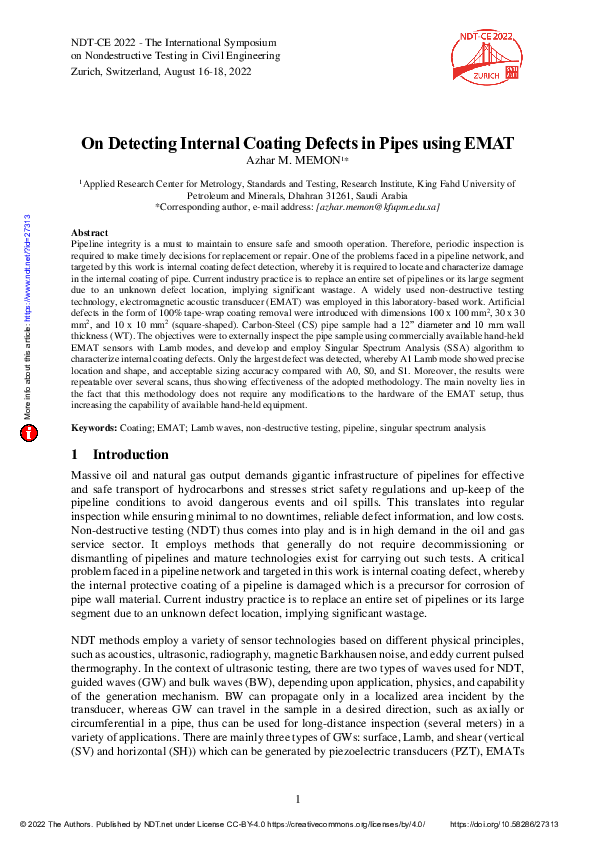 (PDF) On Detecting Internal Coating Defects in Pipes using EMAT