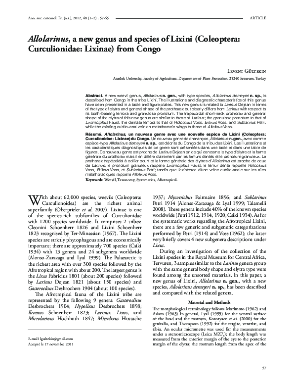 (PDF) Allolarinus , a new genus and species of Lixini (Coleoptera ...