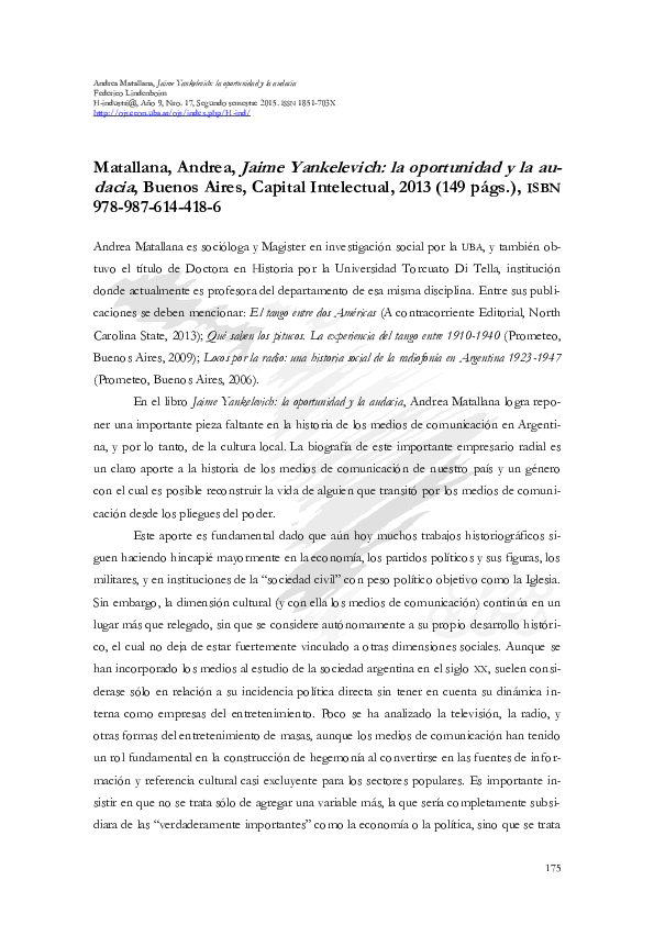(PDF) Andrea Matallana, Jaime Yankelevich: la oportunidad y la audacia