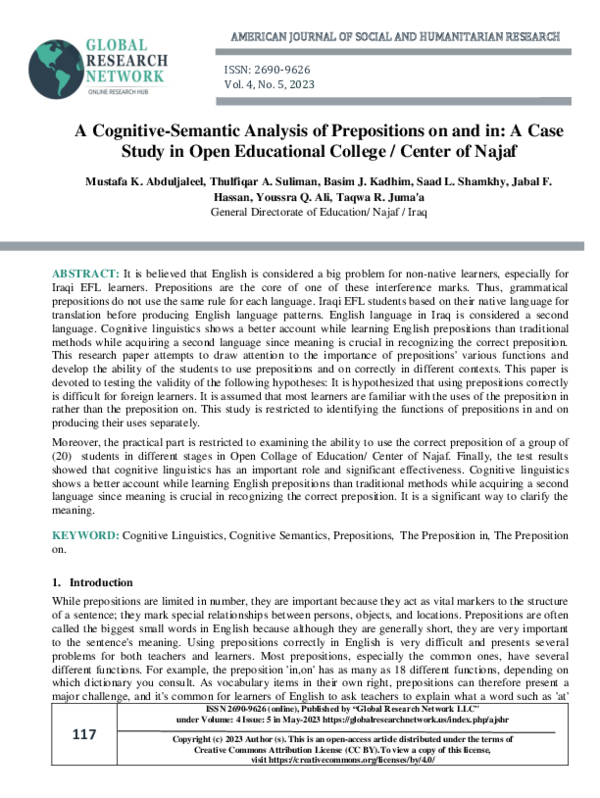(PDF) A Cognitive-Semantic Analysis of Prepositions on and in: A Case ...