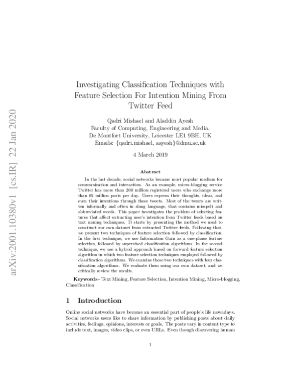 (PDF) Investigating Classification Techniques with Feature Selection For Intention Mining From ...
