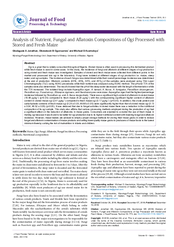 (PDF) Analysis of Nutrient, Fungal and Aflatoxin Compositions of Ogi Processed with Stored and ...