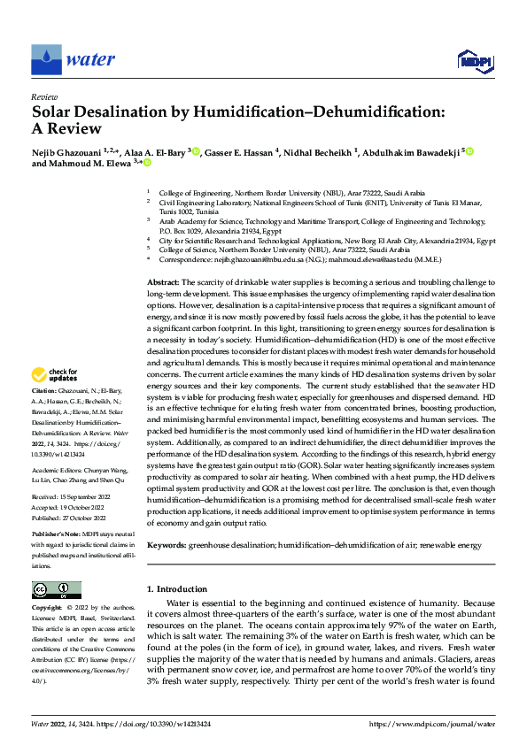 (PDF) Solar Desalination by Humidification–Dehumidification: A Review