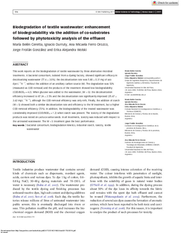 (PDF) Biodegradation of textile wastewater: enhancement of biodegradability via the addition of ...