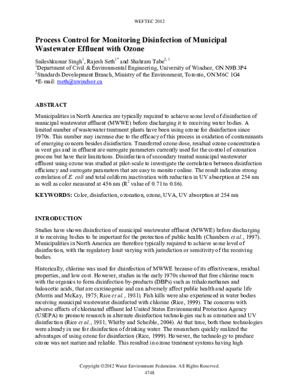 (PDF) Process Control for Monitoring Disinfection of Municipal Wastewater Effluent with Ozone