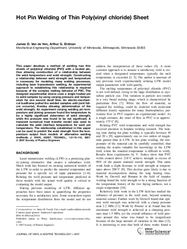 (PDF) Hot pin welding of thin poly(vinyl chloride) sheet