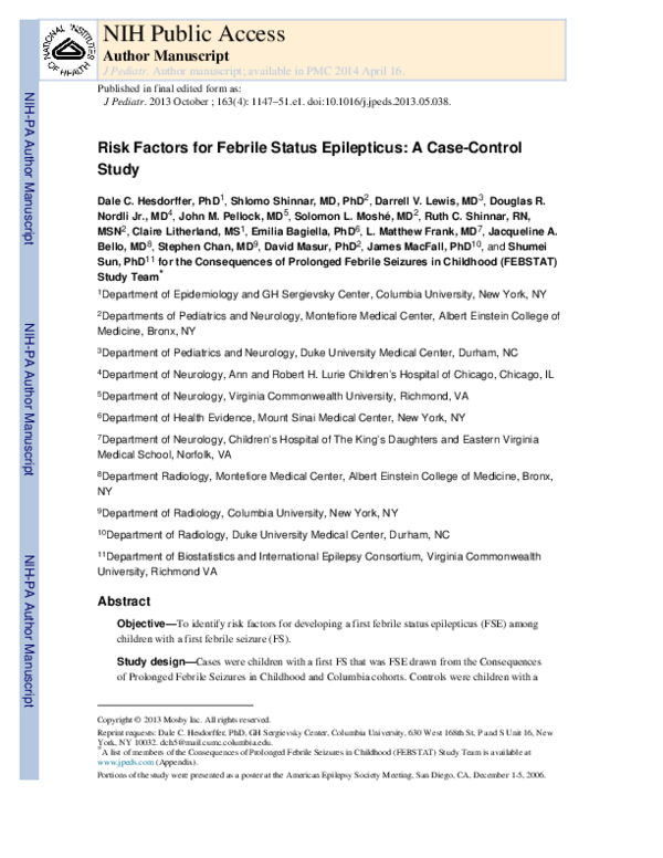 (PDF) Risk Factors for Febrile Status Epilepticus: A Case-Control Study | Darrell Lewis ...