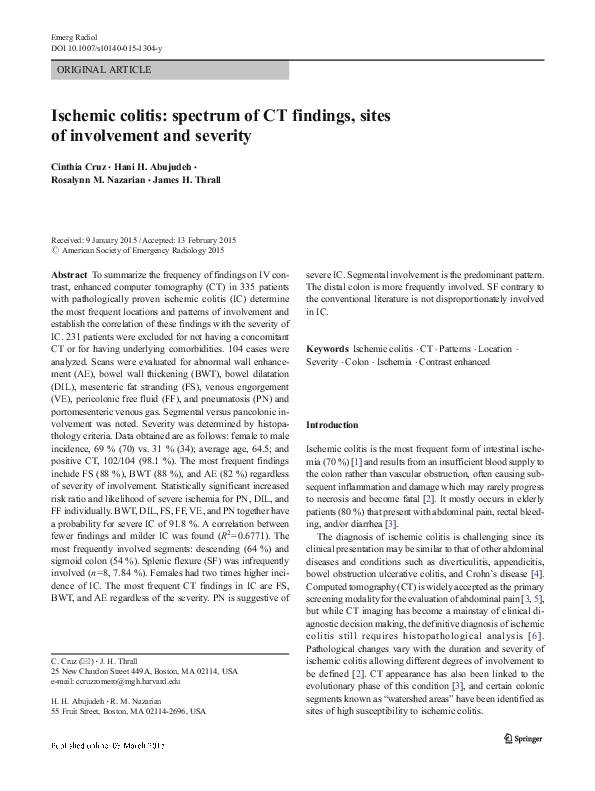 (PDF) Ischemic colitis: spectrum of CT findings, sites of involvement ...