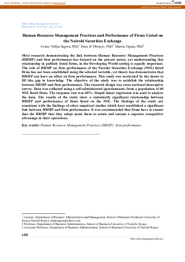 (PDF) Human Resource Management Practices and Performance of Firms Listed on the Nairobi ...