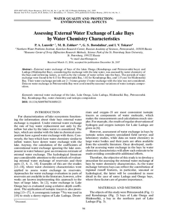 (PDF) Assessing External Water Exchange of Lake Bays by Water Chemistry ...